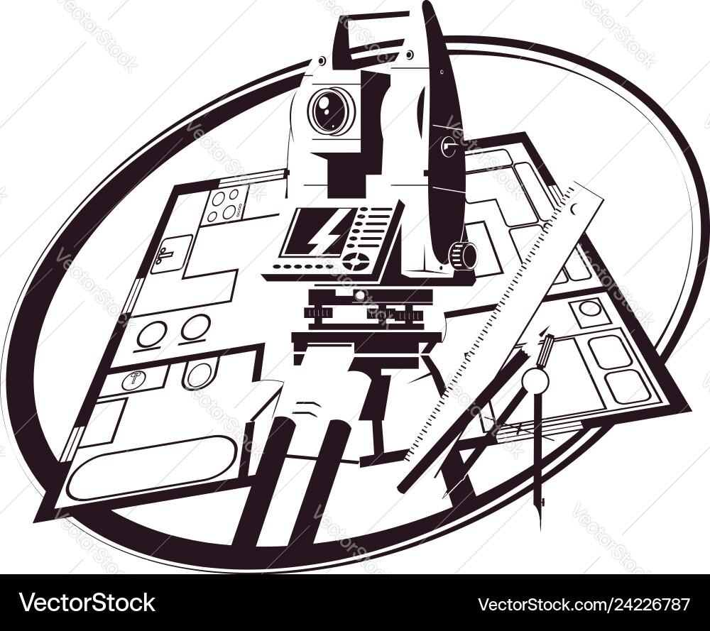 Total station with tools and house plan Royalty Free Vector