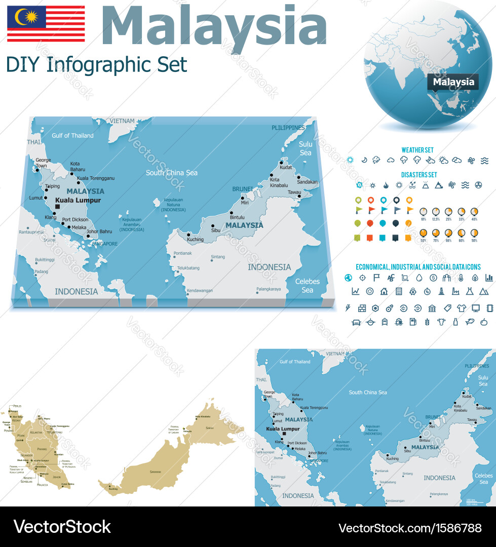 Malaysia maps with markers Royalty Free Vector Image
