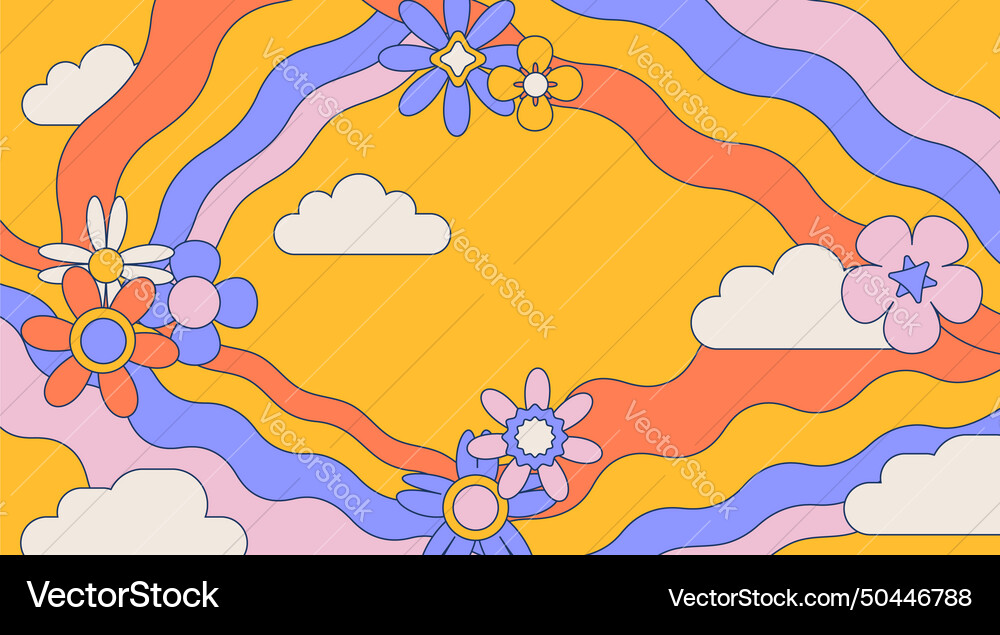 Retro groovy background with clouds daisy flowers Vector Image
