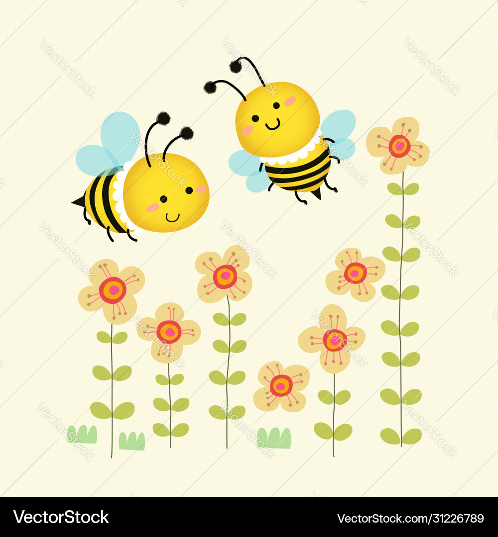 Cute bees flying over yellow flowers Royalty Free Vector