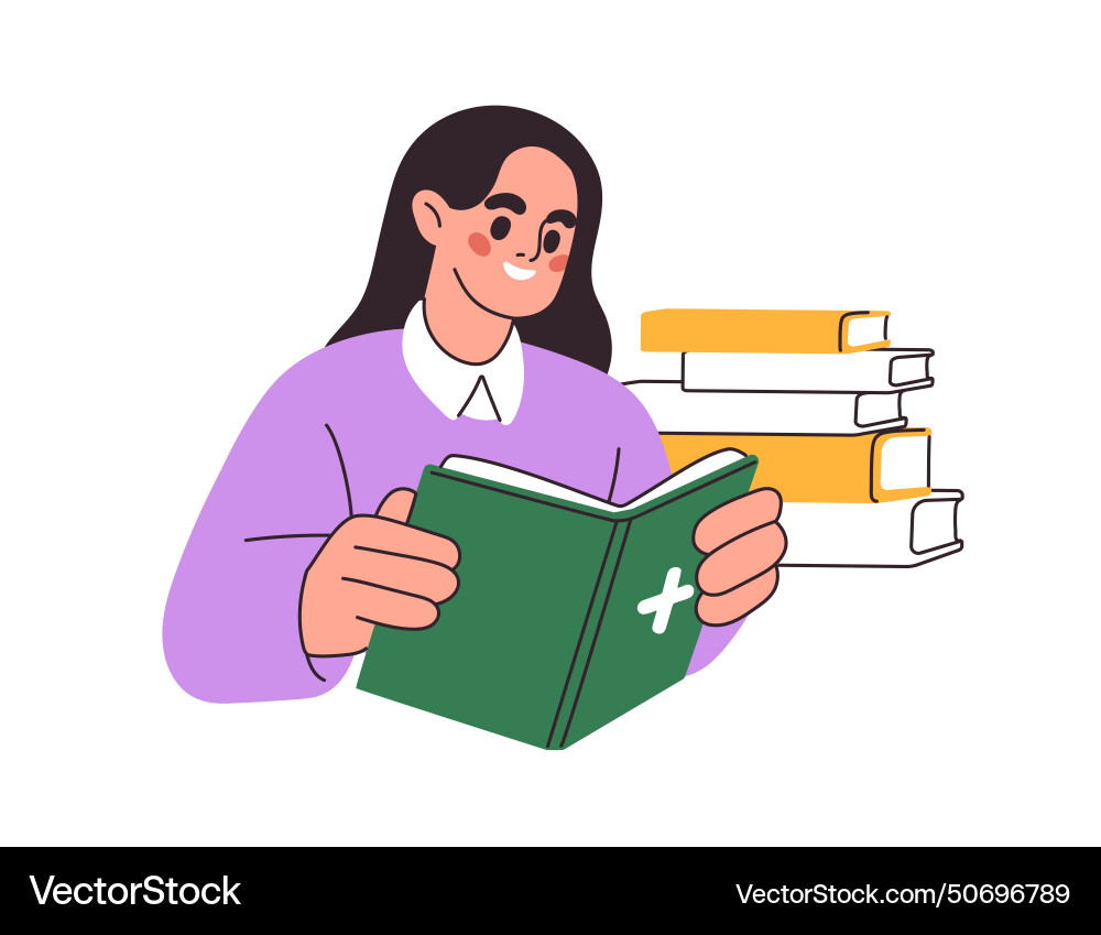 Girl student reading book woman learning Vector Image