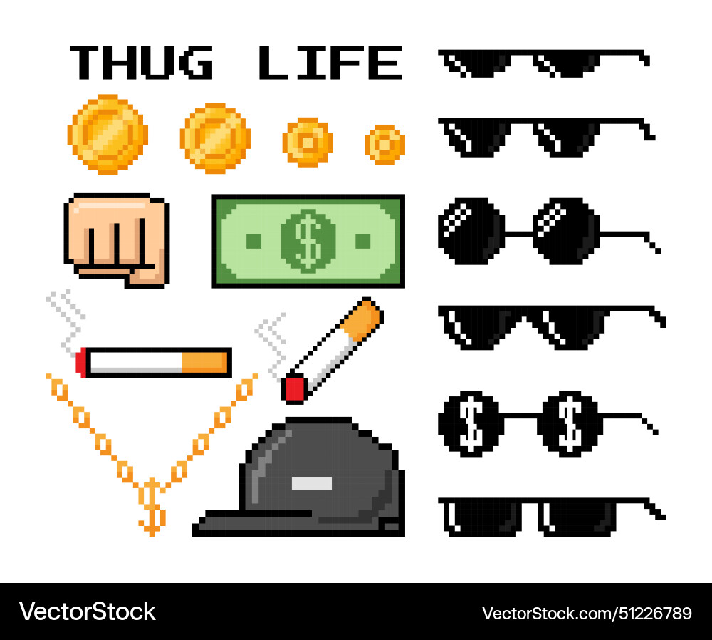 Pixel art thug life boss gangster elements Vector Image