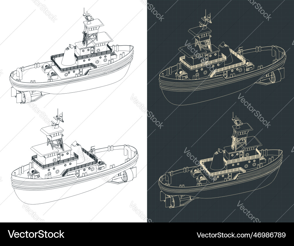 Tug boat isometric blueprints Royalty Free Vector Image