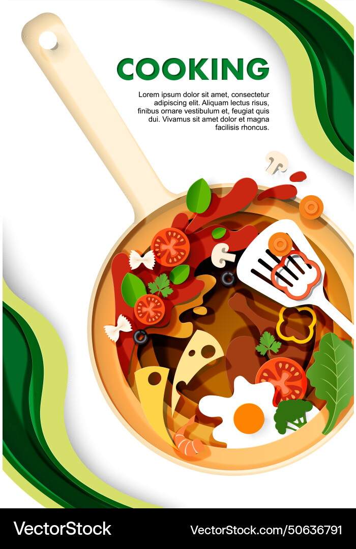 Cooking paper cut poster template with frying pan Vector Image
