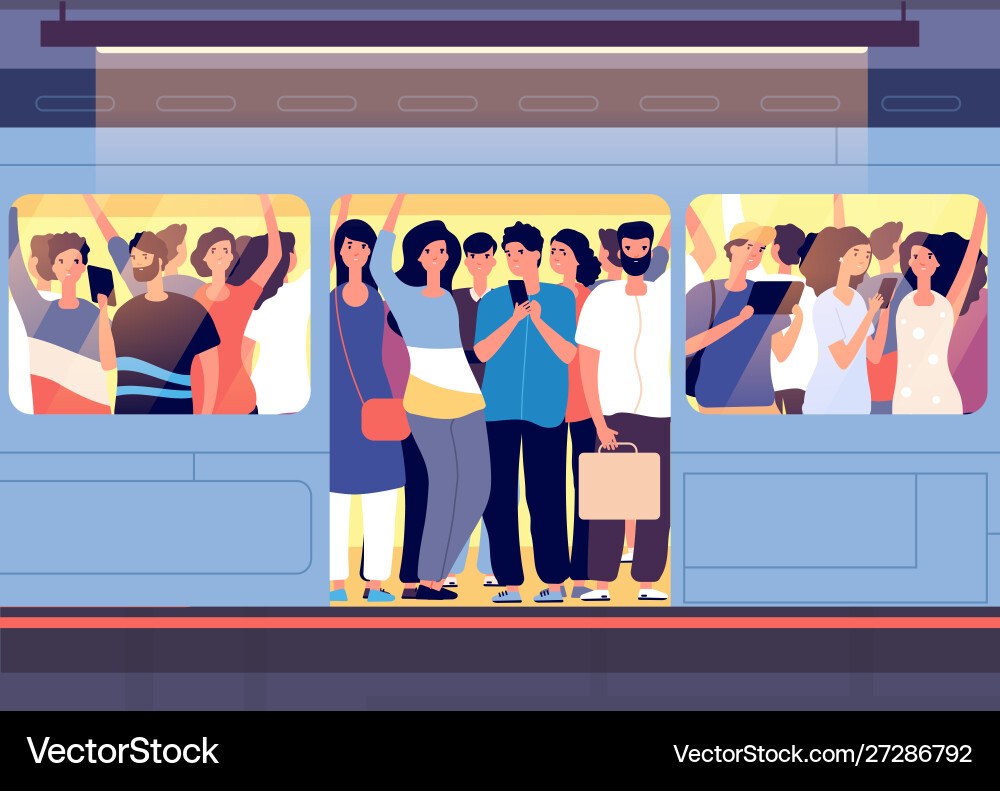 Crowd in subway train people pushing each other Vector Image