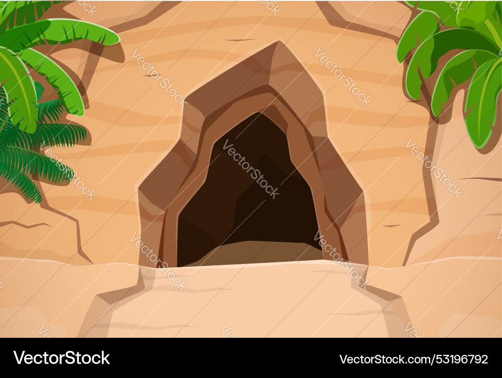 Pirate cave entrance surrounded by rocky cliffs Vector Image