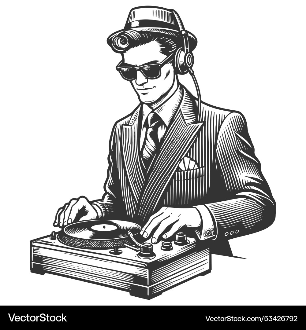 Vintage dj in suit with turntable Royalty Free Vector Image