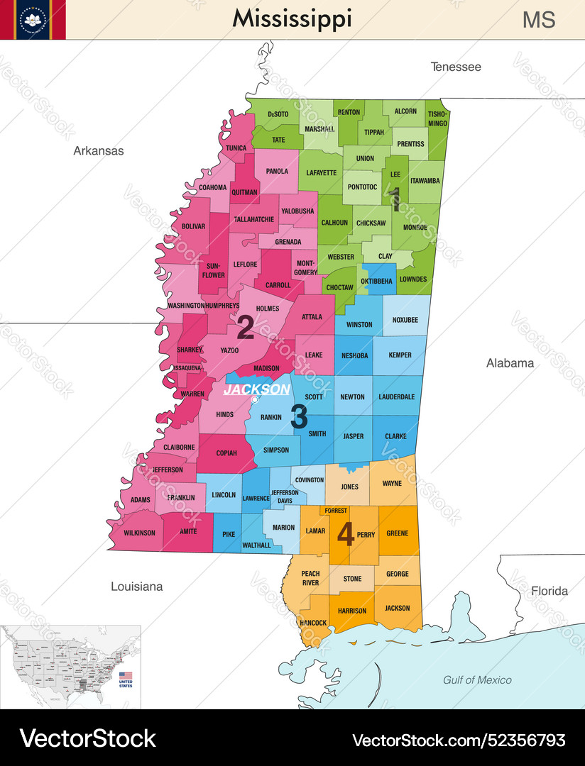 Mississippi state map with counties borders Vector Image