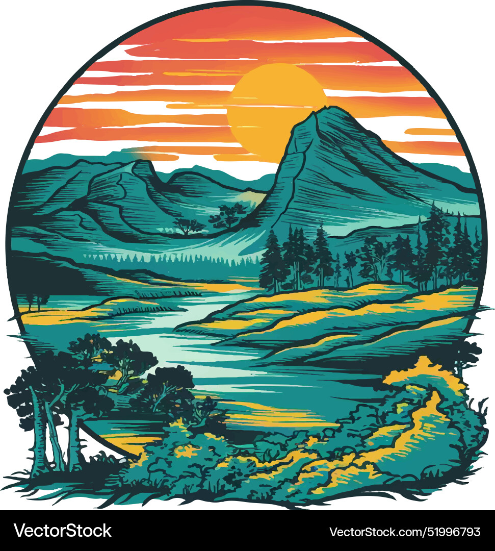 Mountain and sun art draw Royalty Free Vector Image