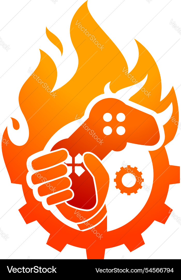 Fiery gaming controller in a gear Royalty Free Vector Image