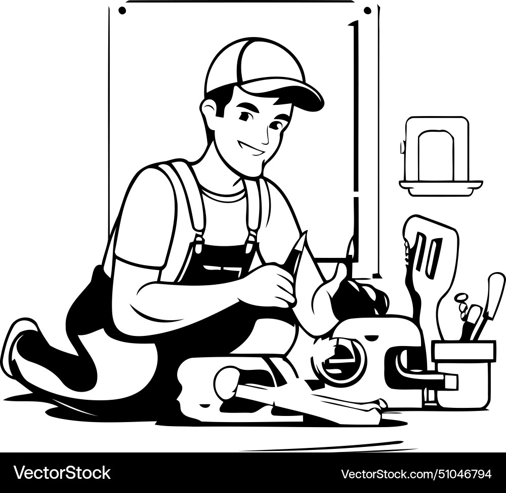 Handyman working with tools in cartoon style Vector Image