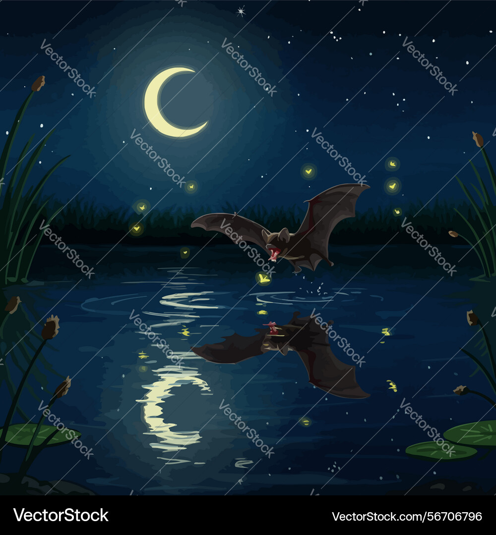 Bat flying over water at night with moon Vector Image