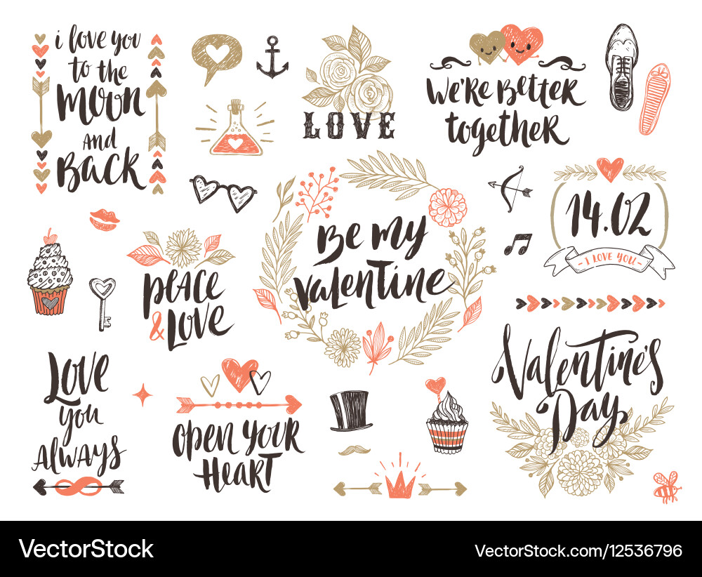 Romantic Valentine's Day Calligraphy Set Vector Image