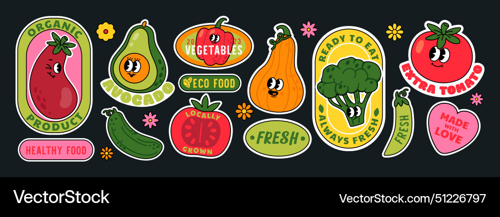 Cute vegetable sticker cartoon retro vegetables Vector Image