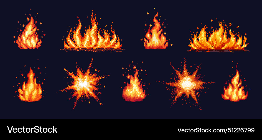 Pixel art fire red explosion and bonfire burning Vector Image