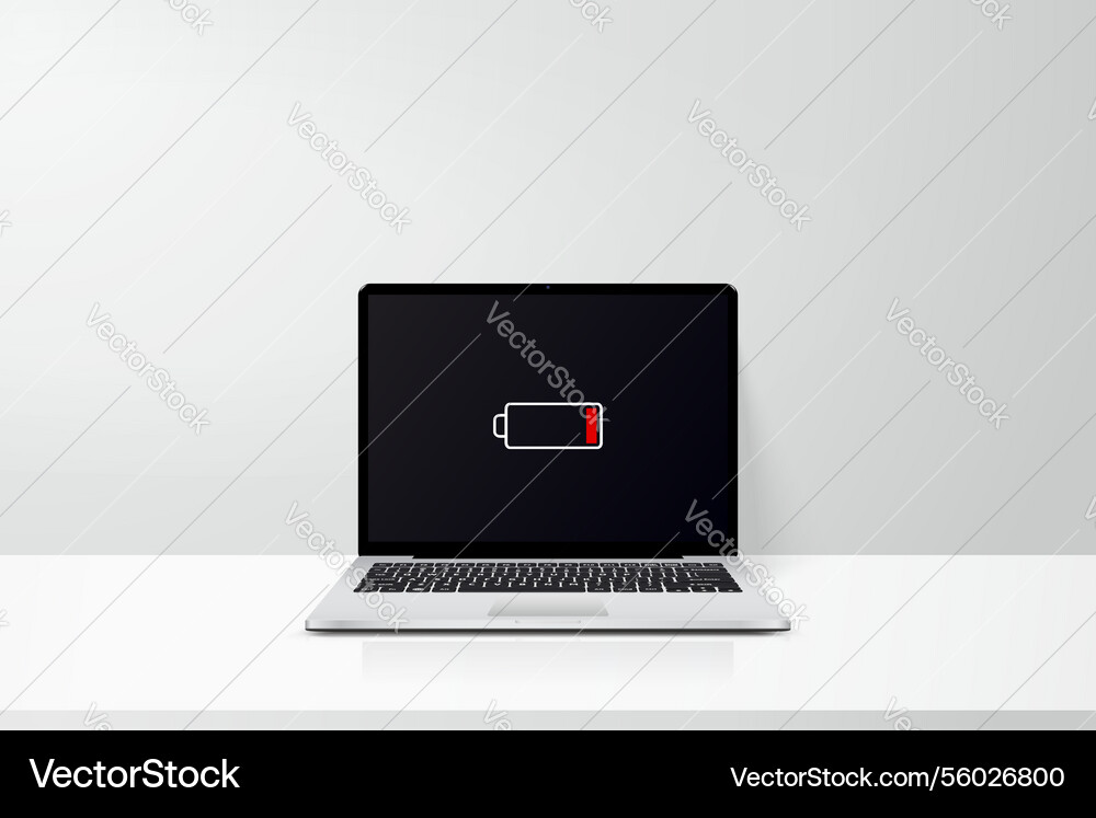 Workspace with laptop computer low battery sign Vector Image