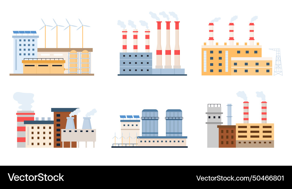 Flat factories set factory buildings Royalty Free Vector