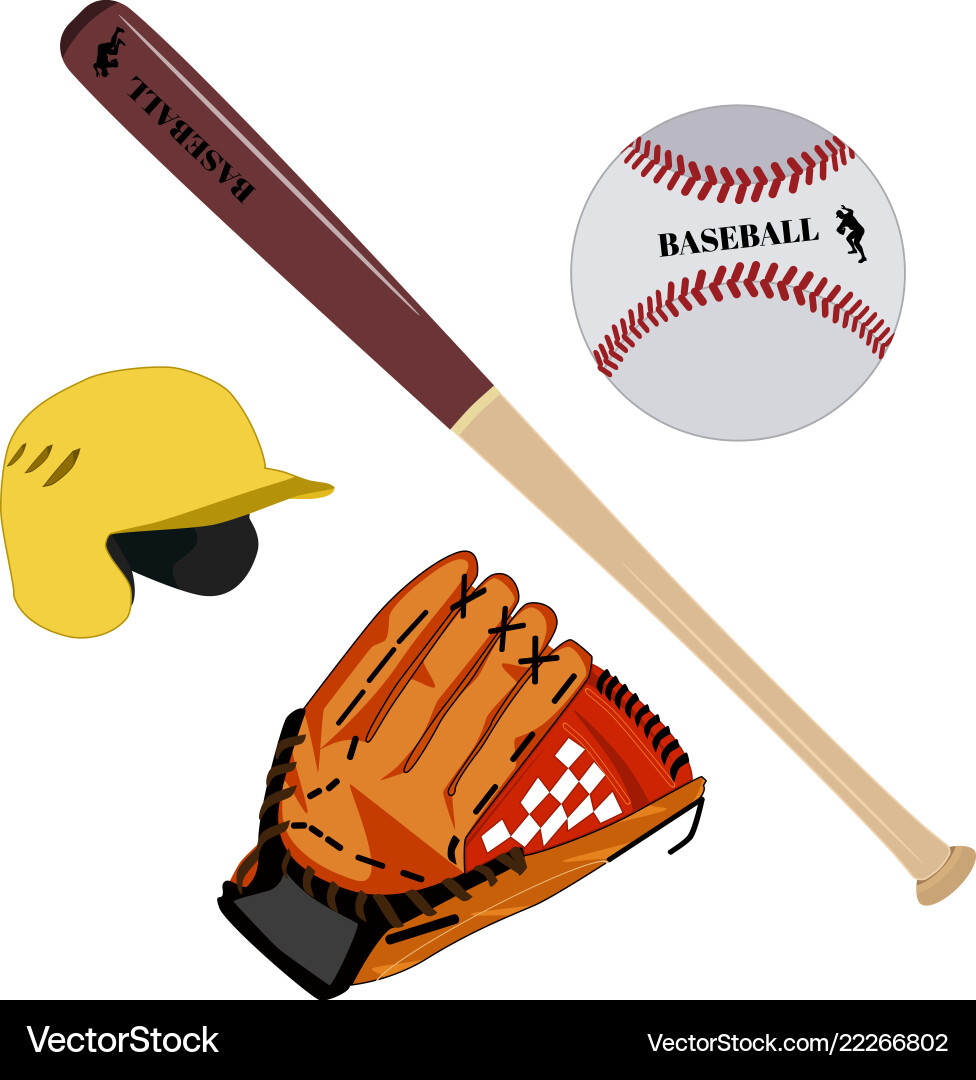 Baseball glove helmet bat and ball flat Royalty Free Vector