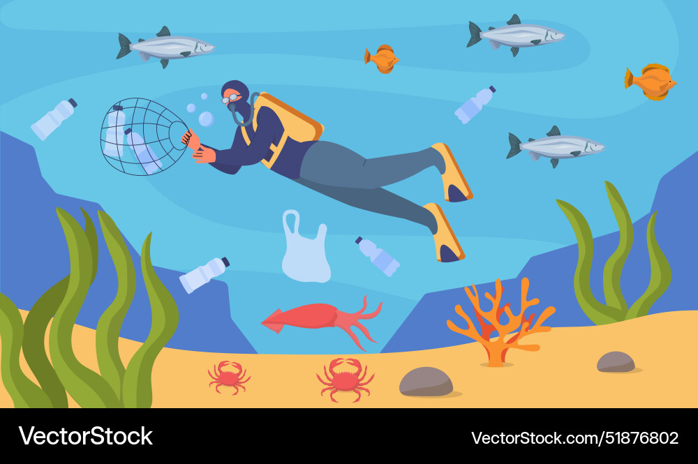 Diver cleans sea man in diving suit explores Vector Image
