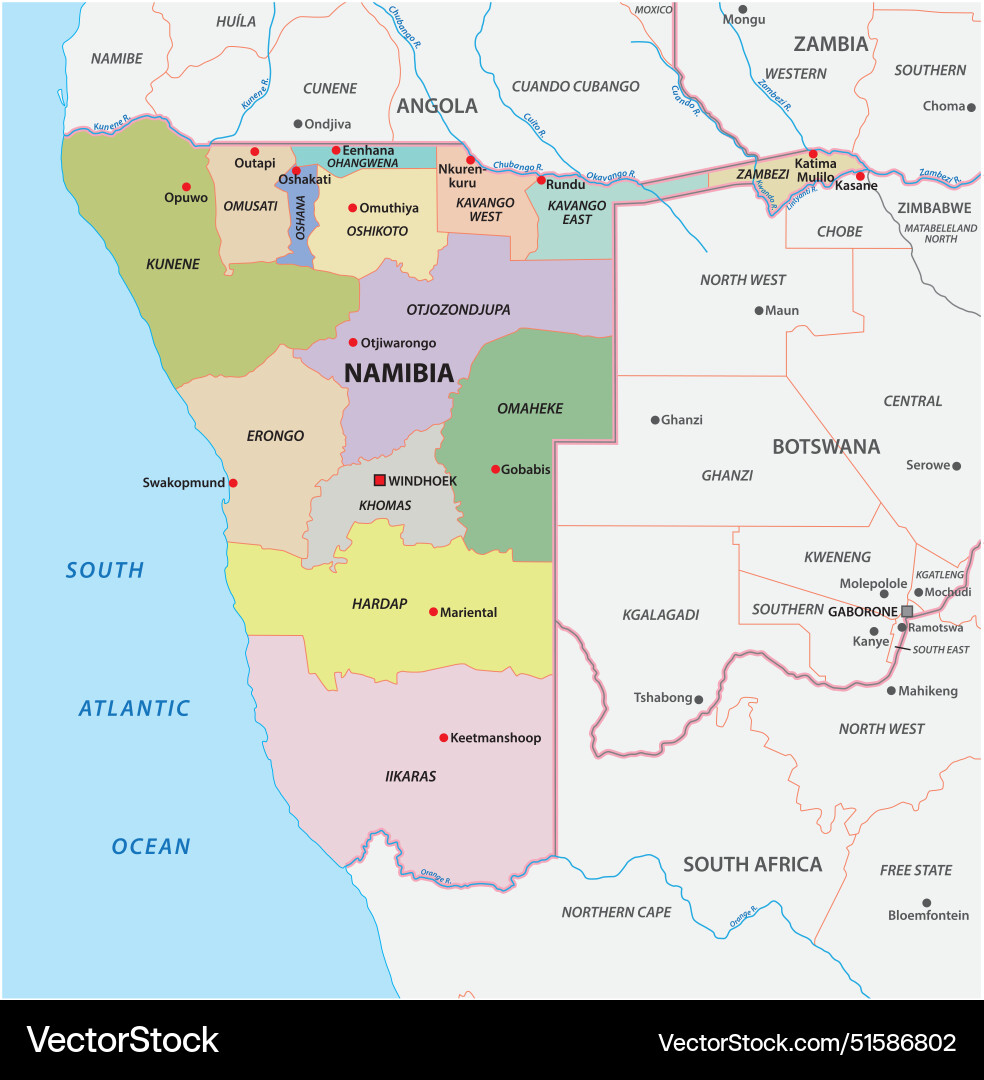 Map of the administrative divisions namibia Vector Image