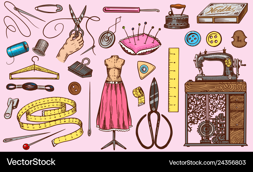 Set sewing tools and elements or materials Vector Image