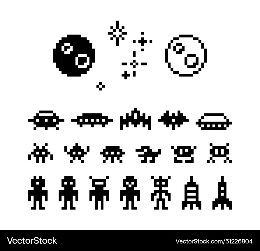 Pixel aliens ufo spaceships and planet with Vector Image