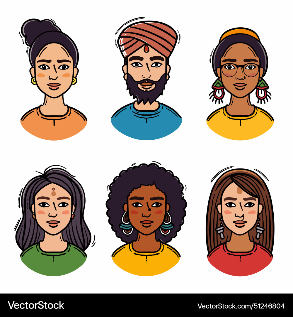 Six diverse cartoon faces represent multicultural Vector Image