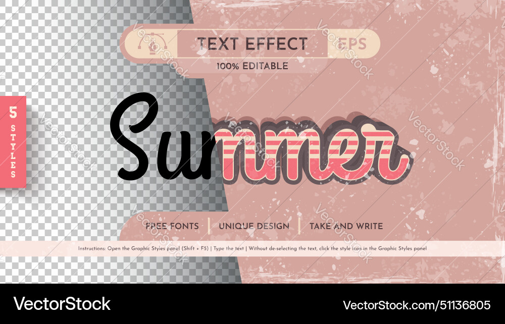 5 retro summer editable text effects graphic Vector Image
