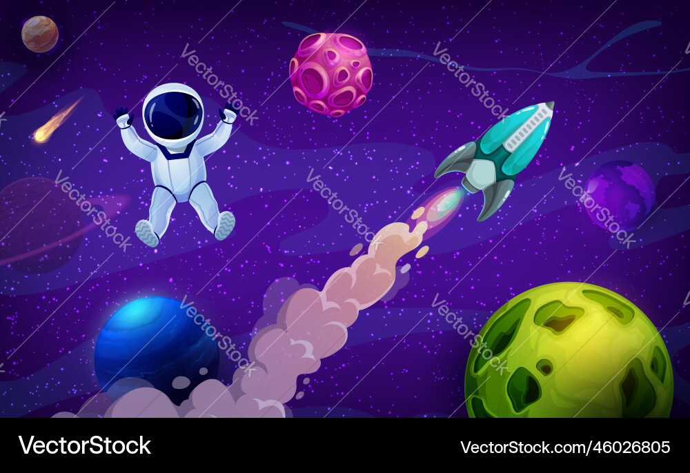 Rocket spaceship planets and cartoon astronaut Vector Image