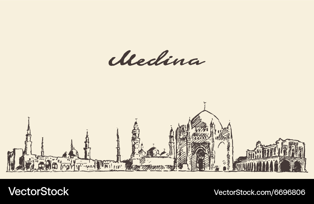 Medina skyline engraved drawn Royalty Free Vector Image