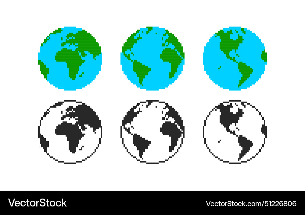 Pixel earth globe world map in color and Vector Image