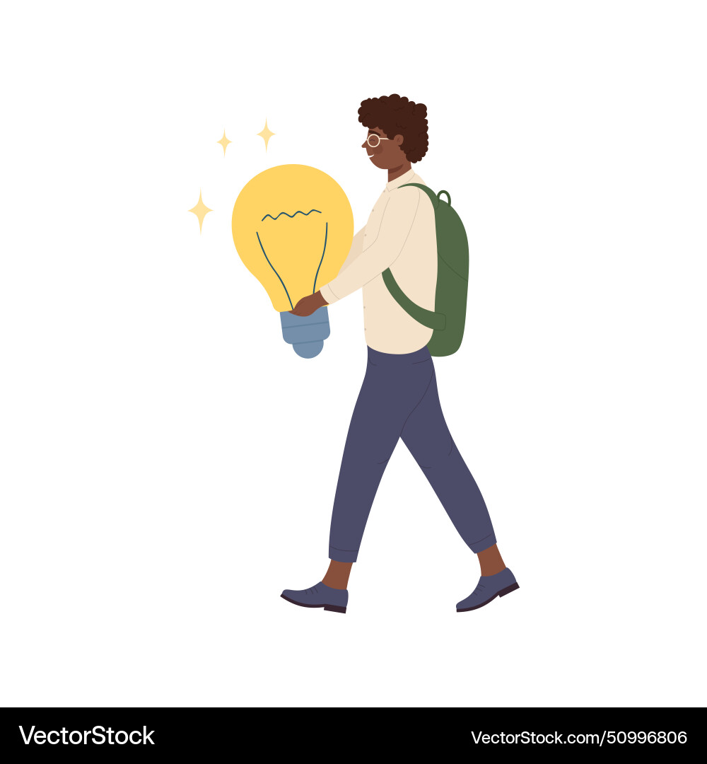 Smart student walking carrying bright light bulb Vector Image