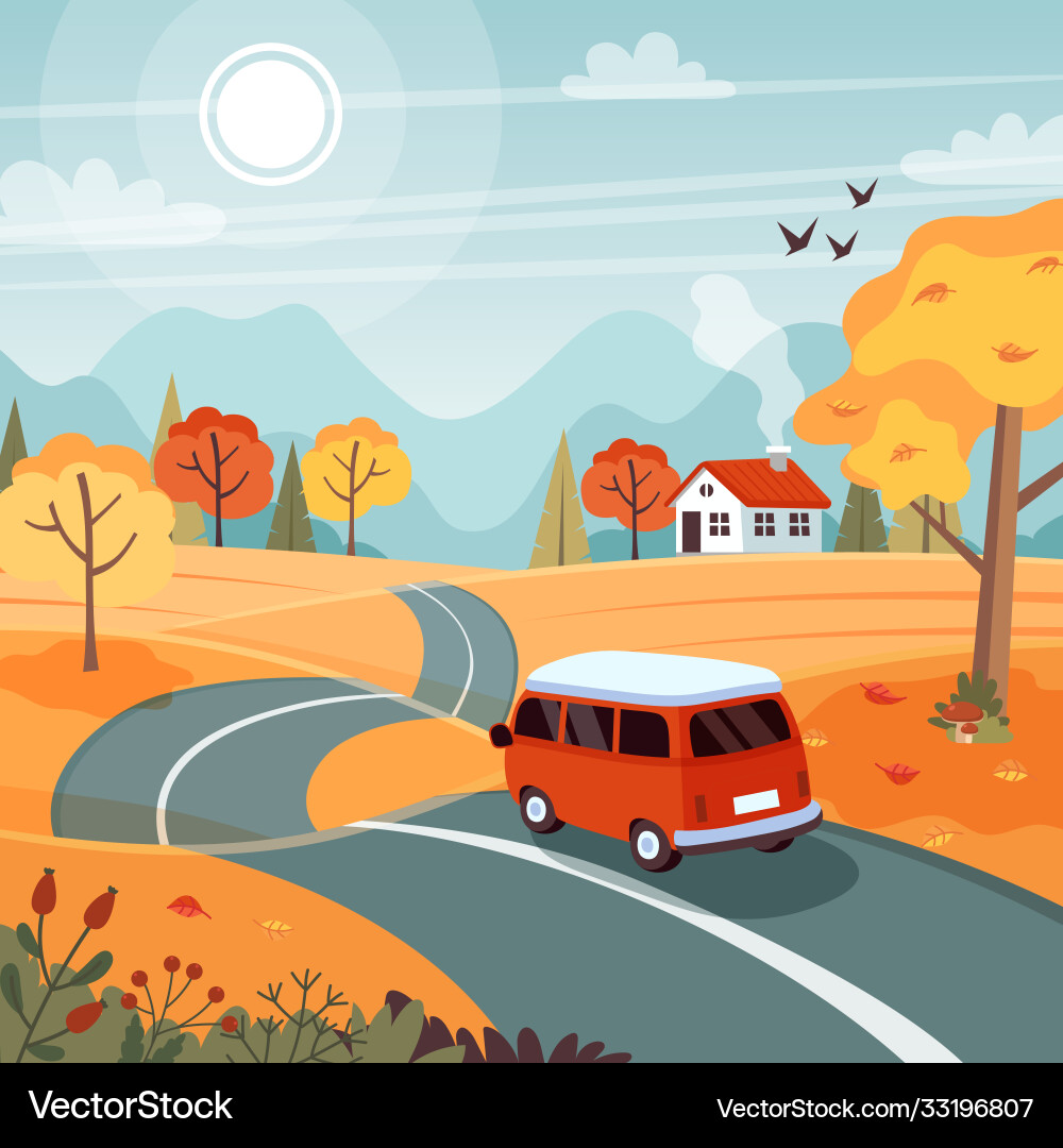 Autumn trip landscape with a cute van on road Vector Image