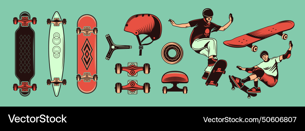 Skateboarding color hand drawn set Royalty Free Vector Image