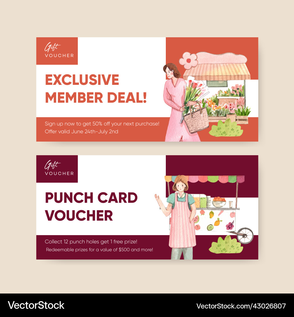 Voucher template with farmer market Royalty Free Vector