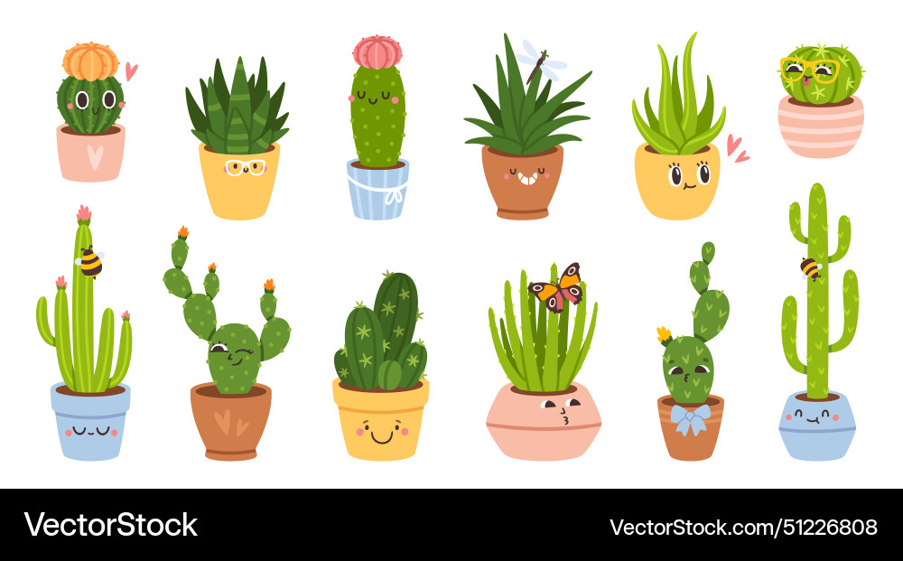 Cute cactus cartoon cactuses succulents or cacti Vector Image