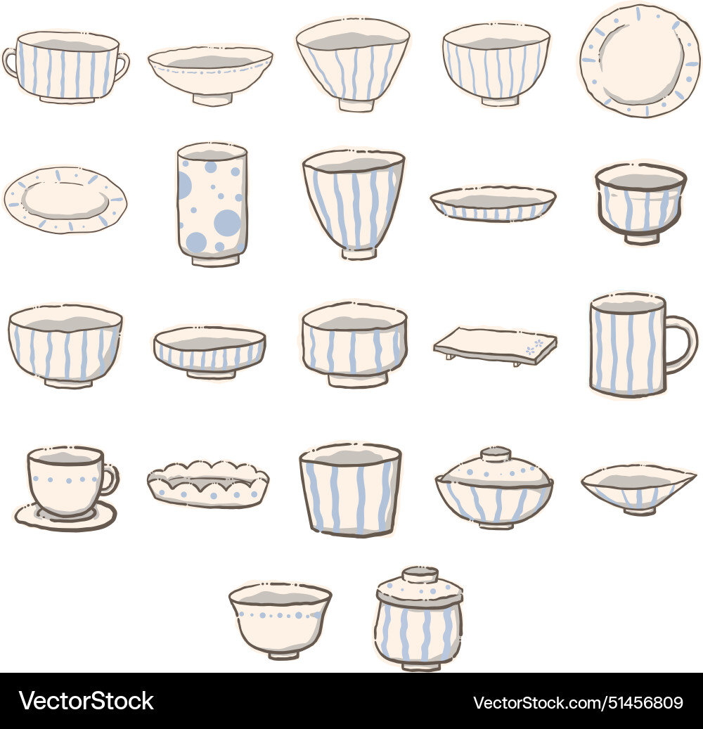 Bowl dish plate and cup hand drawing Royalty Free Vector