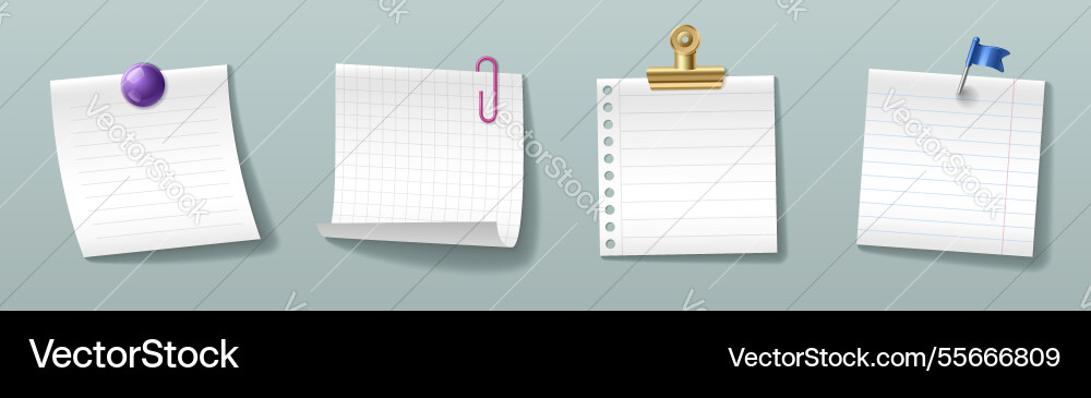 Paper clip and binder set with blank note sheets Vector Image