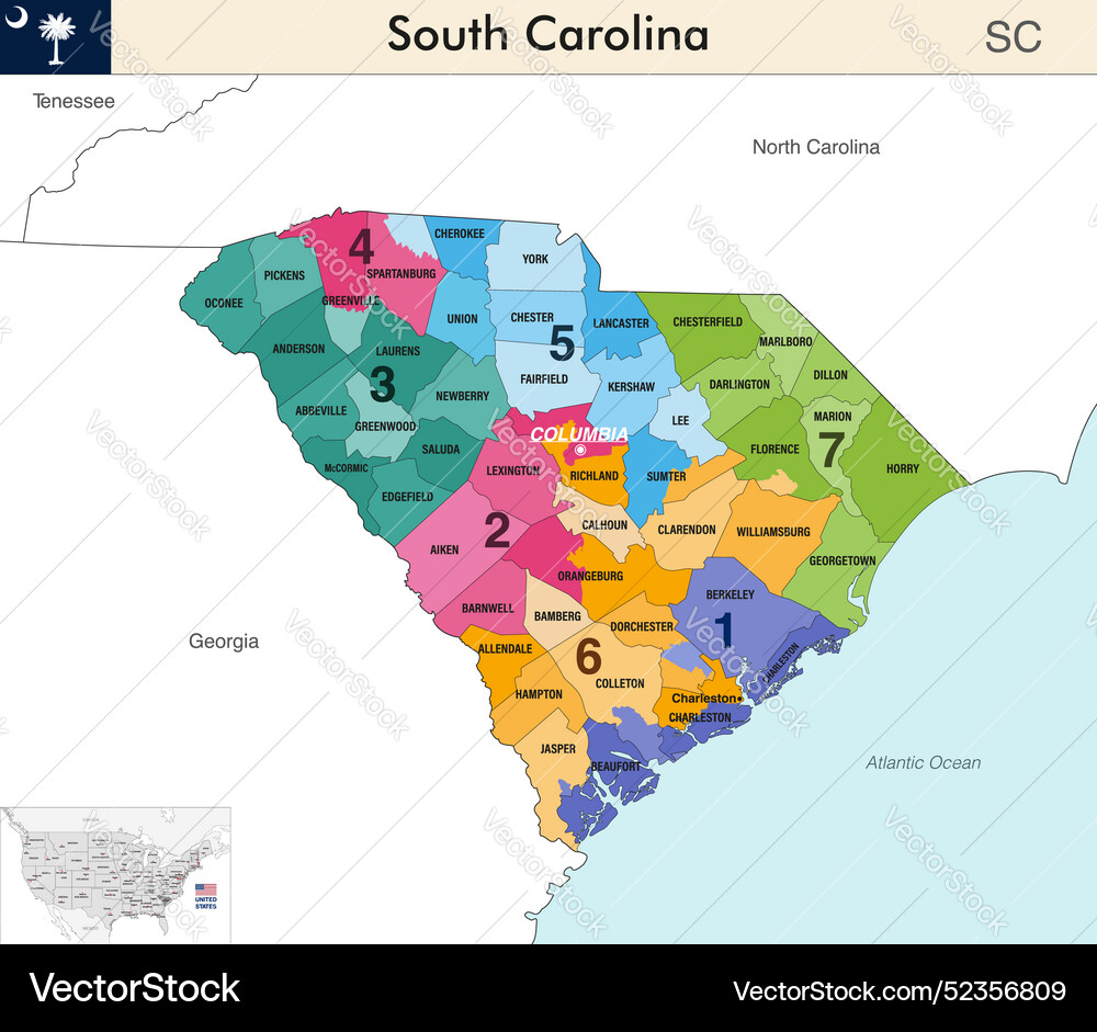 South carolina state map with counties borders Vector Image