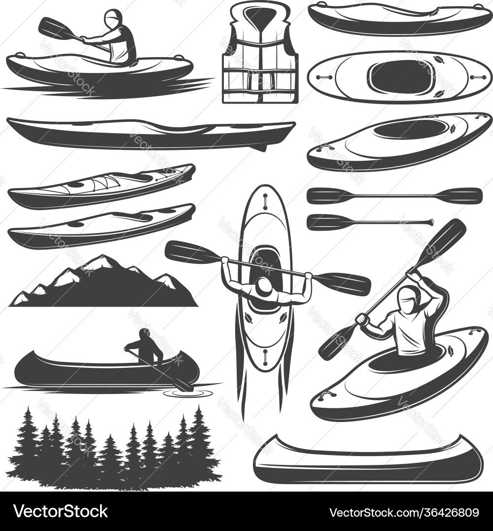 Vintage kayaking elements set Royalty Free Vector Image