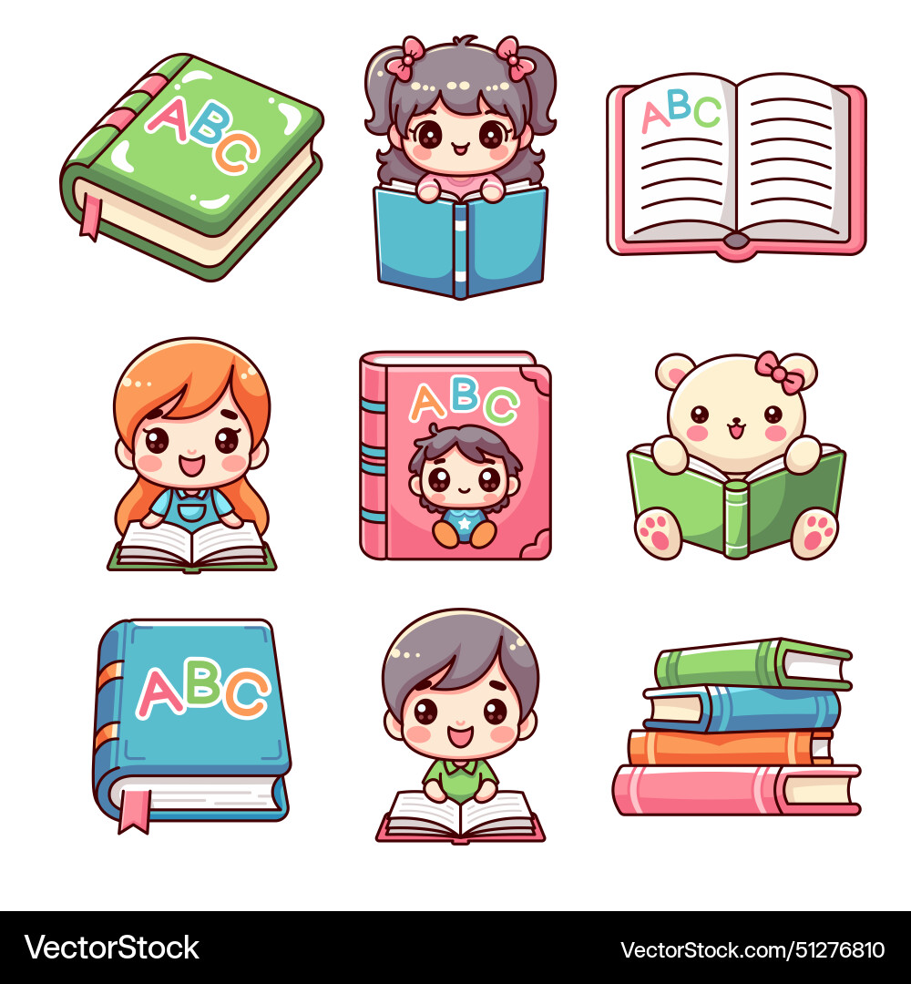 Book icons set with cute kids Royalty Free Vector Image