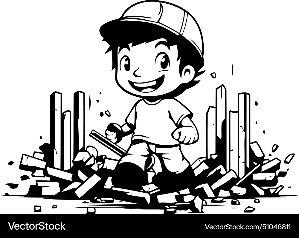 Cartoon boy building a wall with a hammer Vector Image