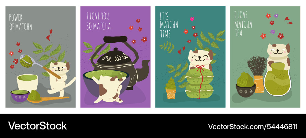 Cute cats enjoying matcha tea in panels Royalty Free Vector