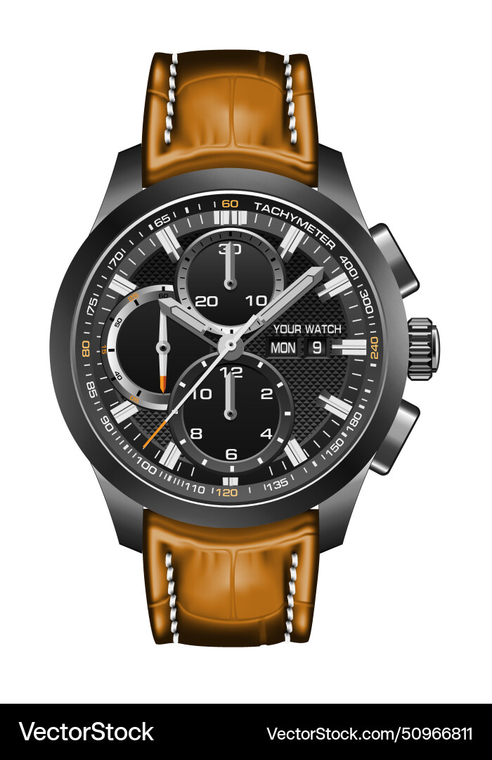 Realistic watch clock black metallic orange arrow Vector Image