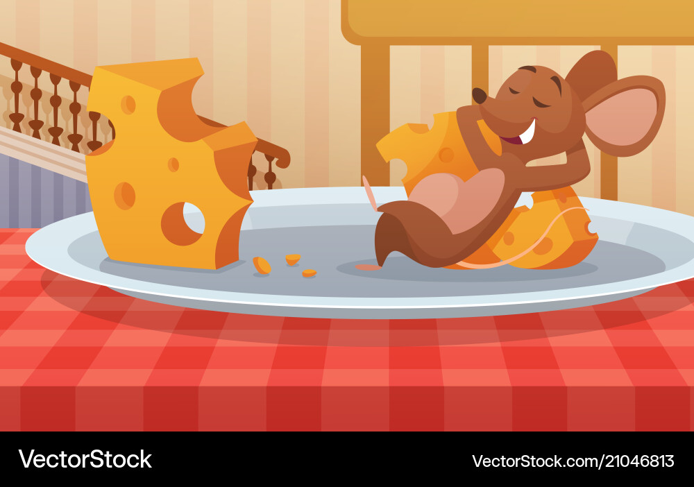 Mouse sitting on the plate and eats cheese funny Vector Image
