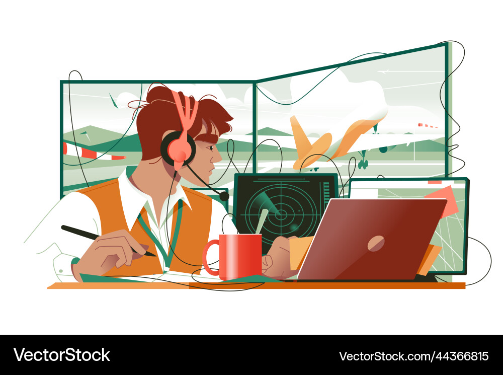 Air traffic controller managing airplanes flights Vector Image