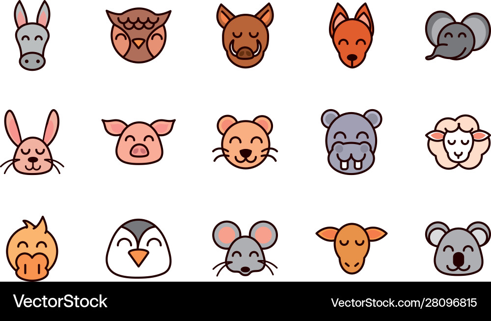 Cute face animals cartoon icons set Royalty Free Vector