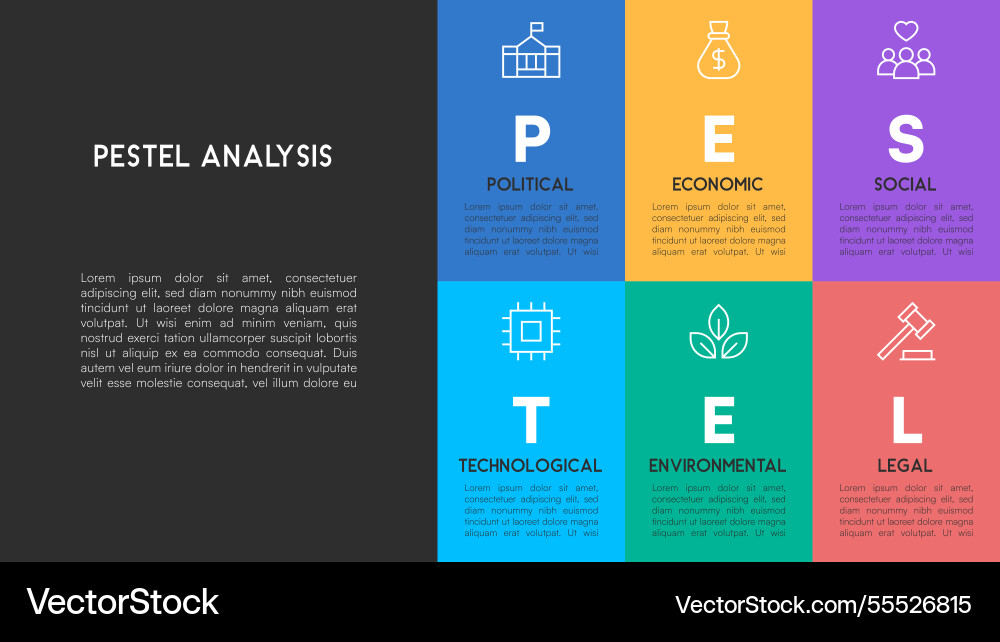 Dark theme pestel analysis infographic Royalty Free Vector