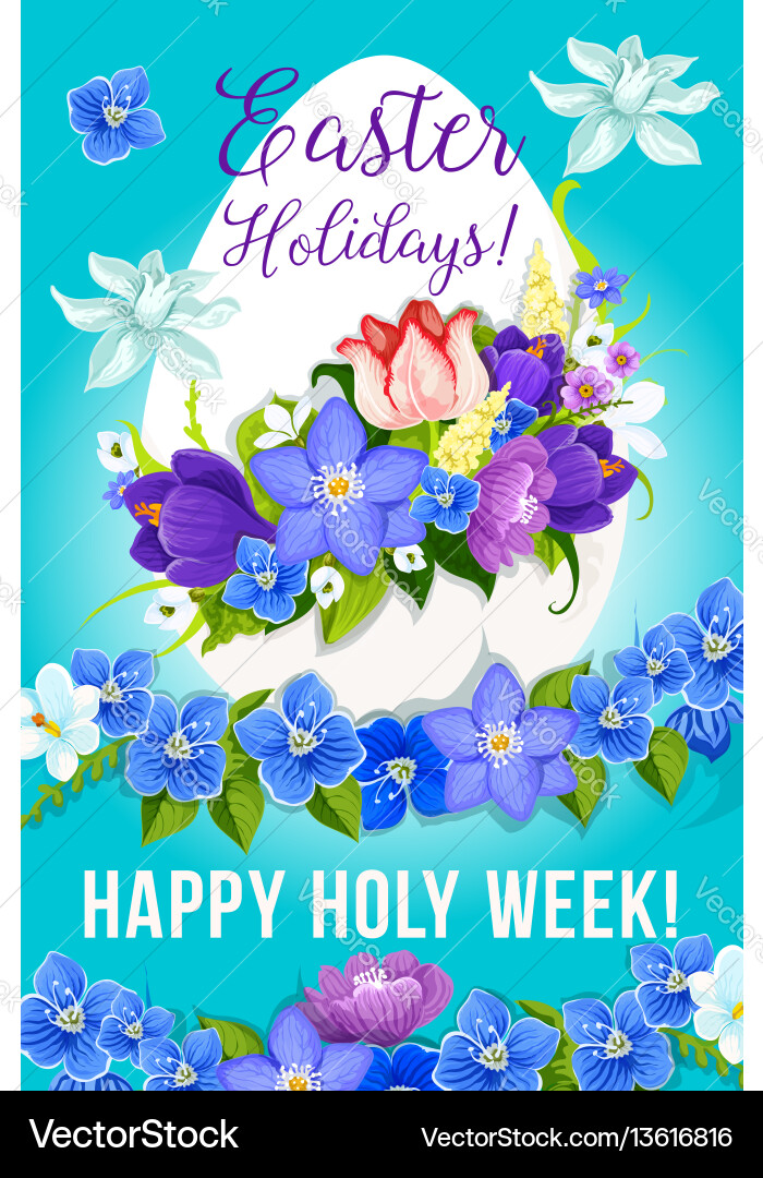 Easter greeting paschal egg flowers poster Vector Image