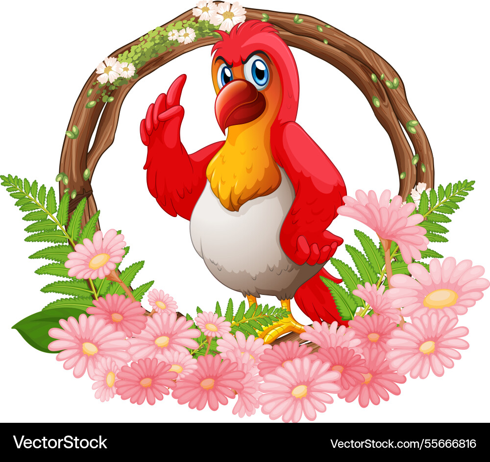 Happy red bird standing within a blooming floral Vector Image
